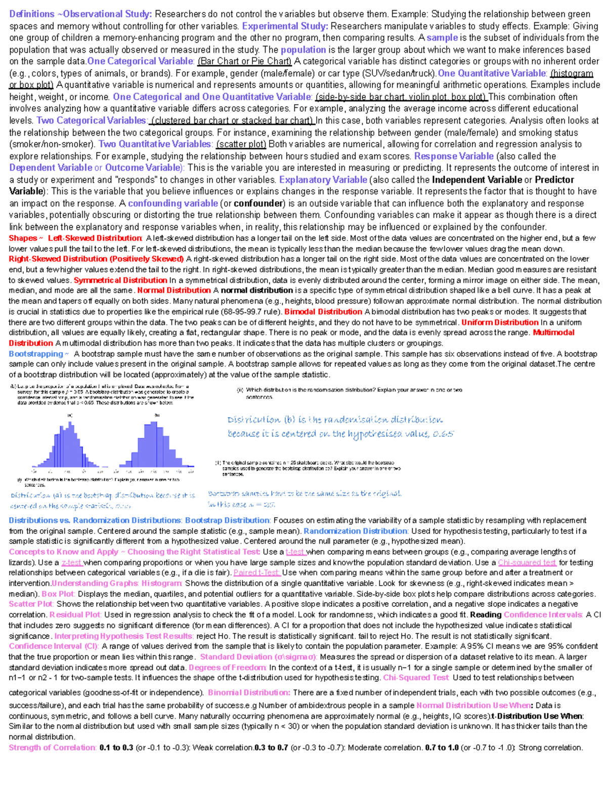 Stats cheat sheet - Definitions ~Observational Study: Researchers do not control the variables ...