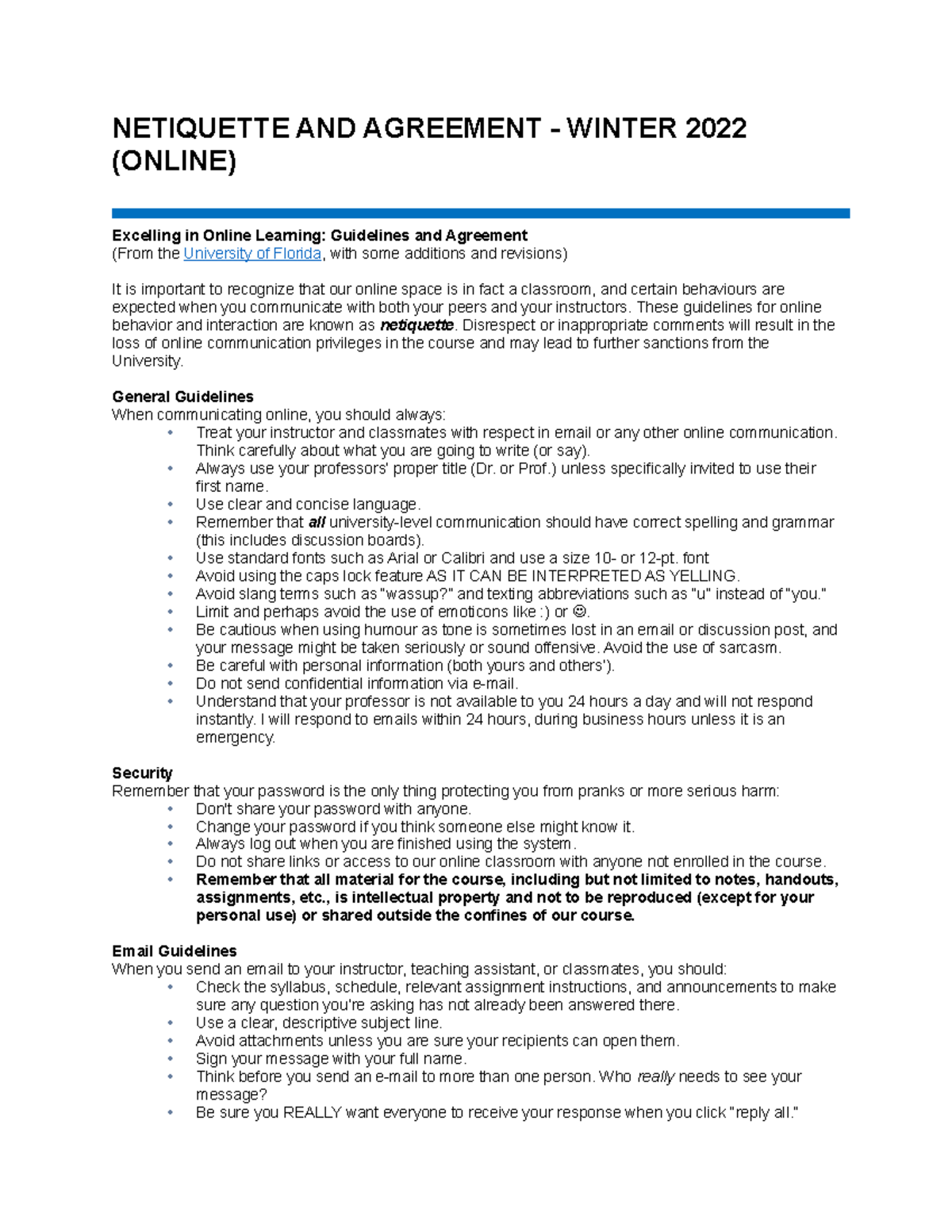Netiquette Agreement 2 - NETIQUETTE AND AGREEMENT - WINTER 2022 (ONLINE ...