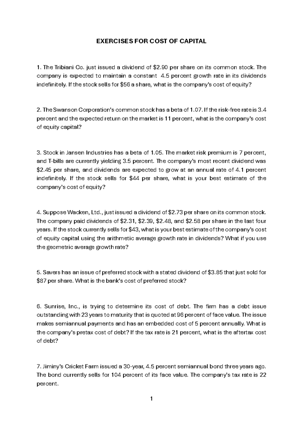 Exercises FOR COST OF Capital - EXERCISES FOR COST OF CAPITAL The ...