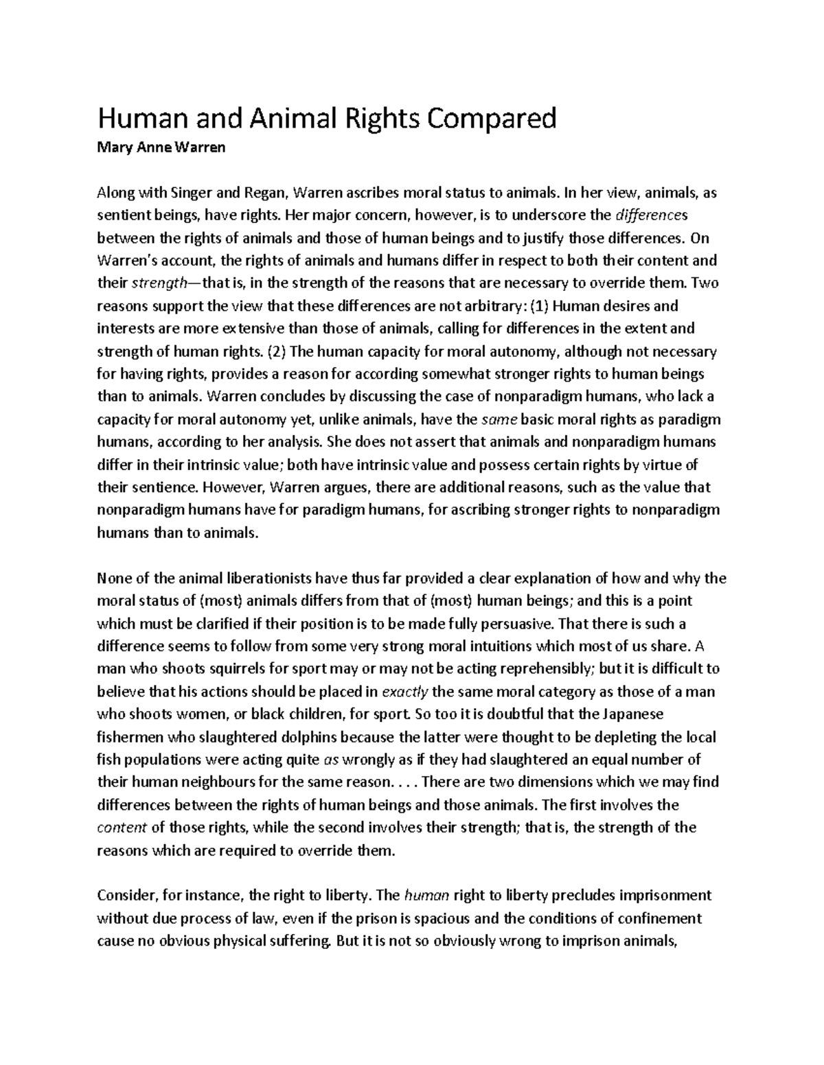 Warren - Animals - Final - Human and Animal Rights Compared Mary Anne ...