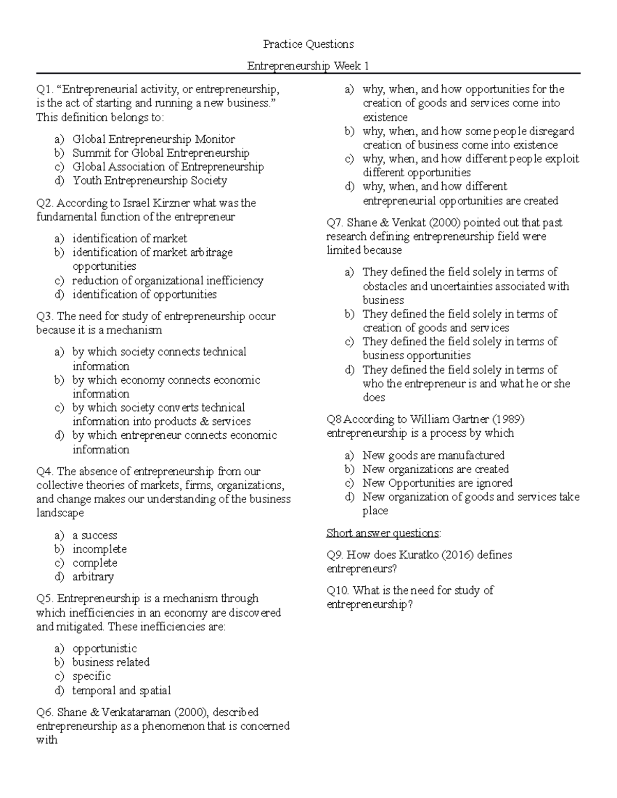 Practice Questions-Week1 - Practice Questions Entrepreneurship Week 1 ...