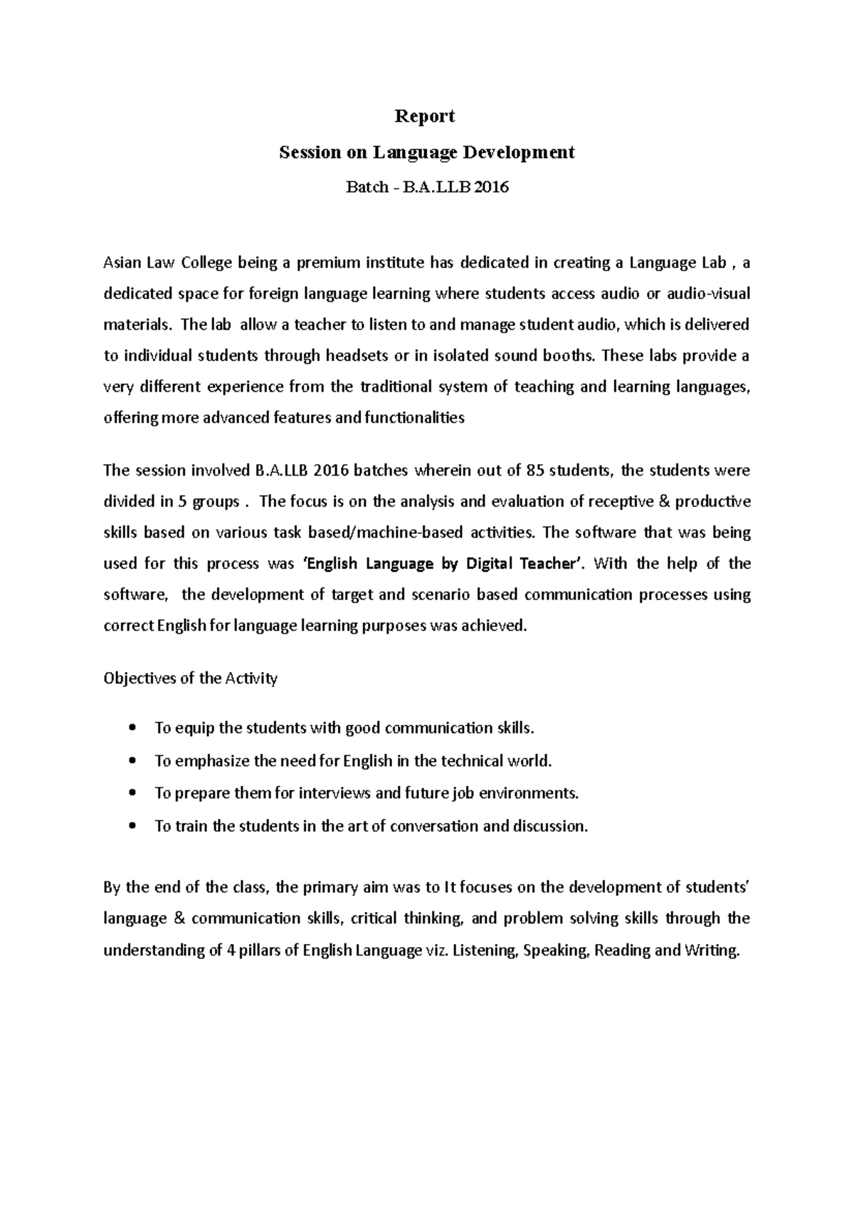 Langugae Lab - asxdasdffd - Report Session on Language Development ...