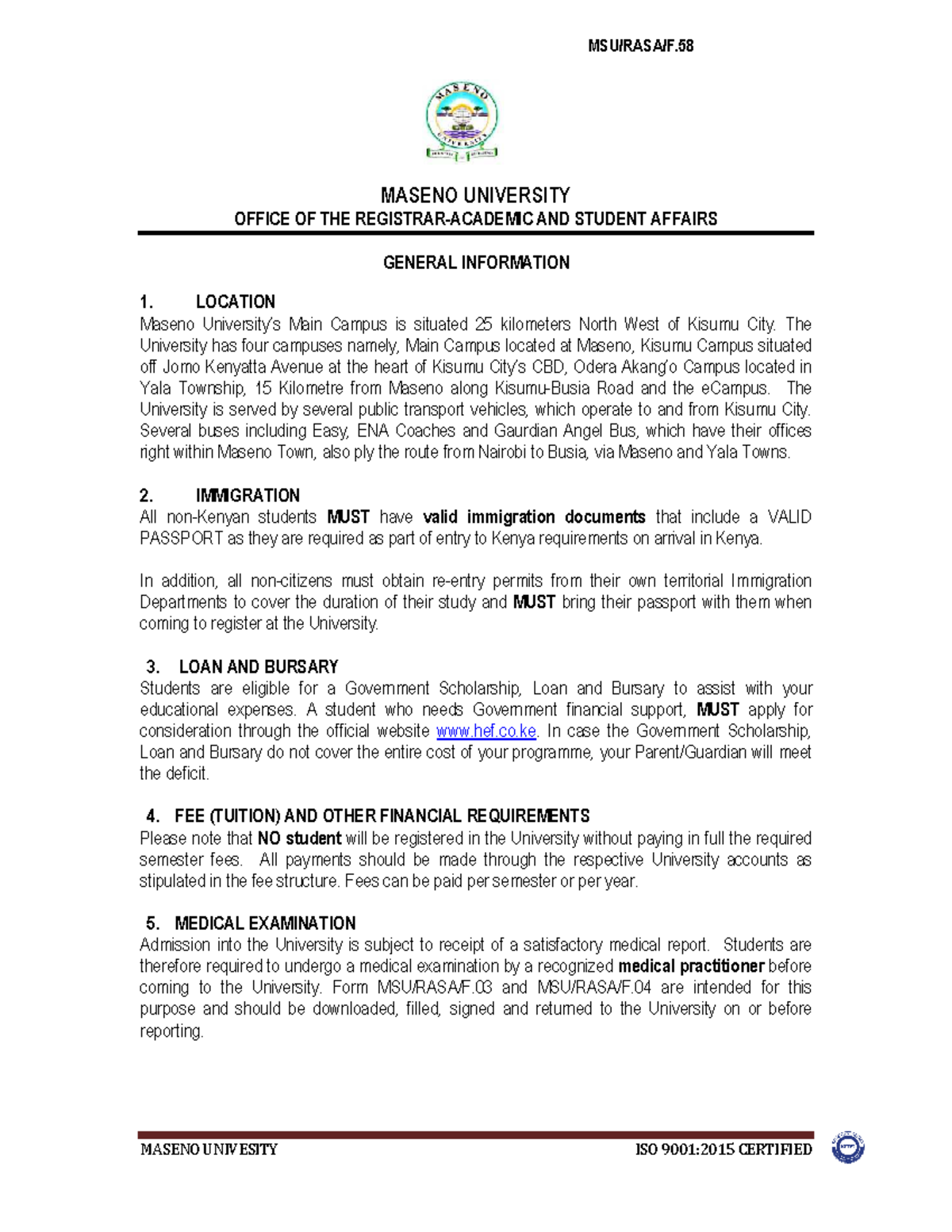 General Information TO NEW Student - MASENO UNIVESITY ISO 9001:2015 ...