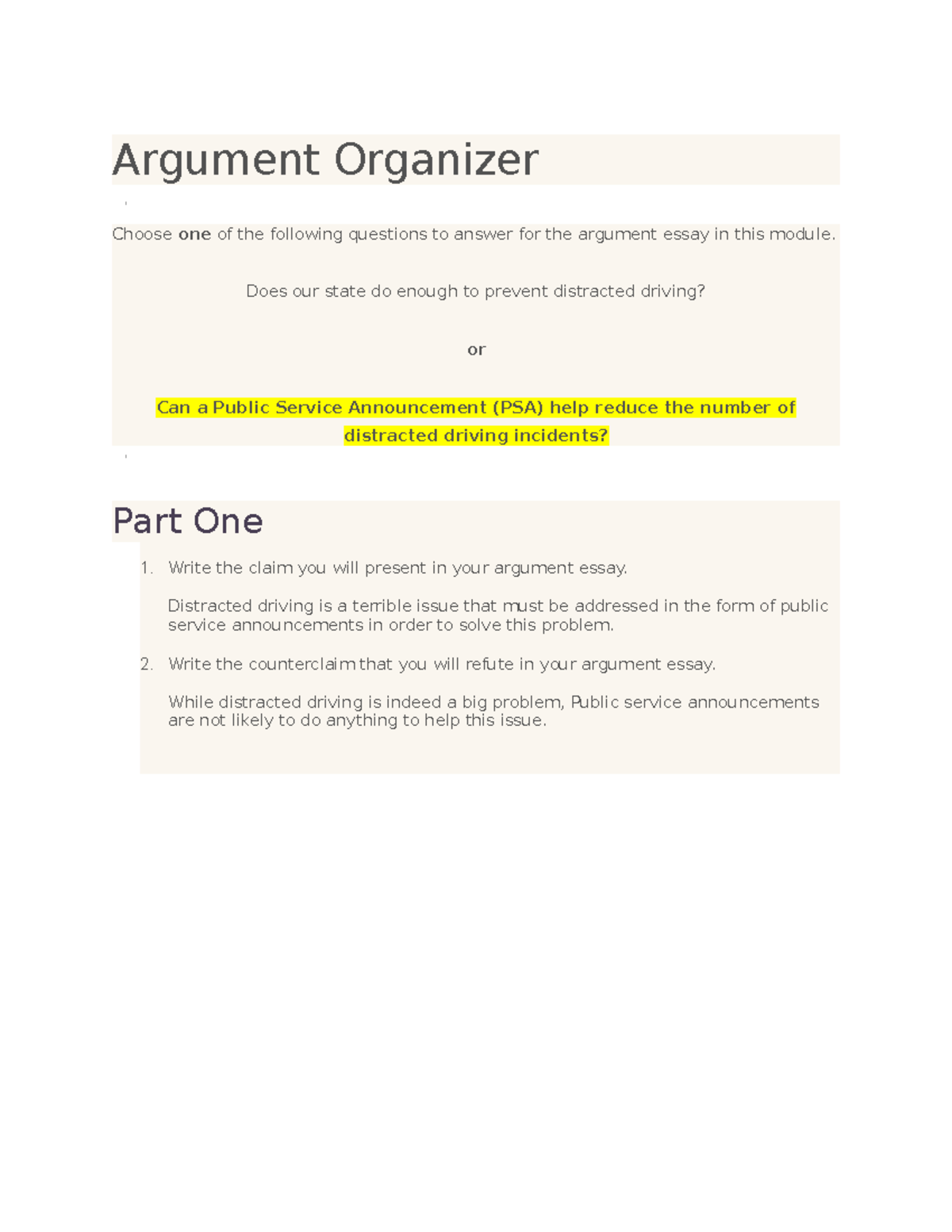 Argument Organizer - qsdvc d - Argument Organizer Choose one of the ...