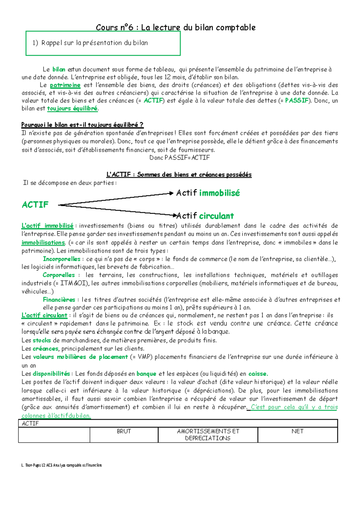 La lecture du bilan comptable (CM6) - ACTIF BRUT AMORTISSEMENTS ET ...