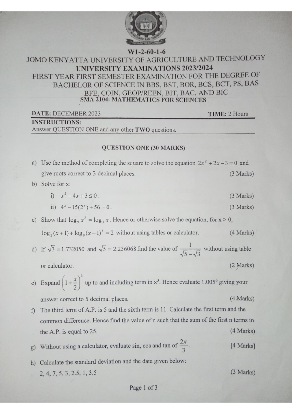 SMA 2104 Maths - Assignment - Mathematics for Sciences - Studocu