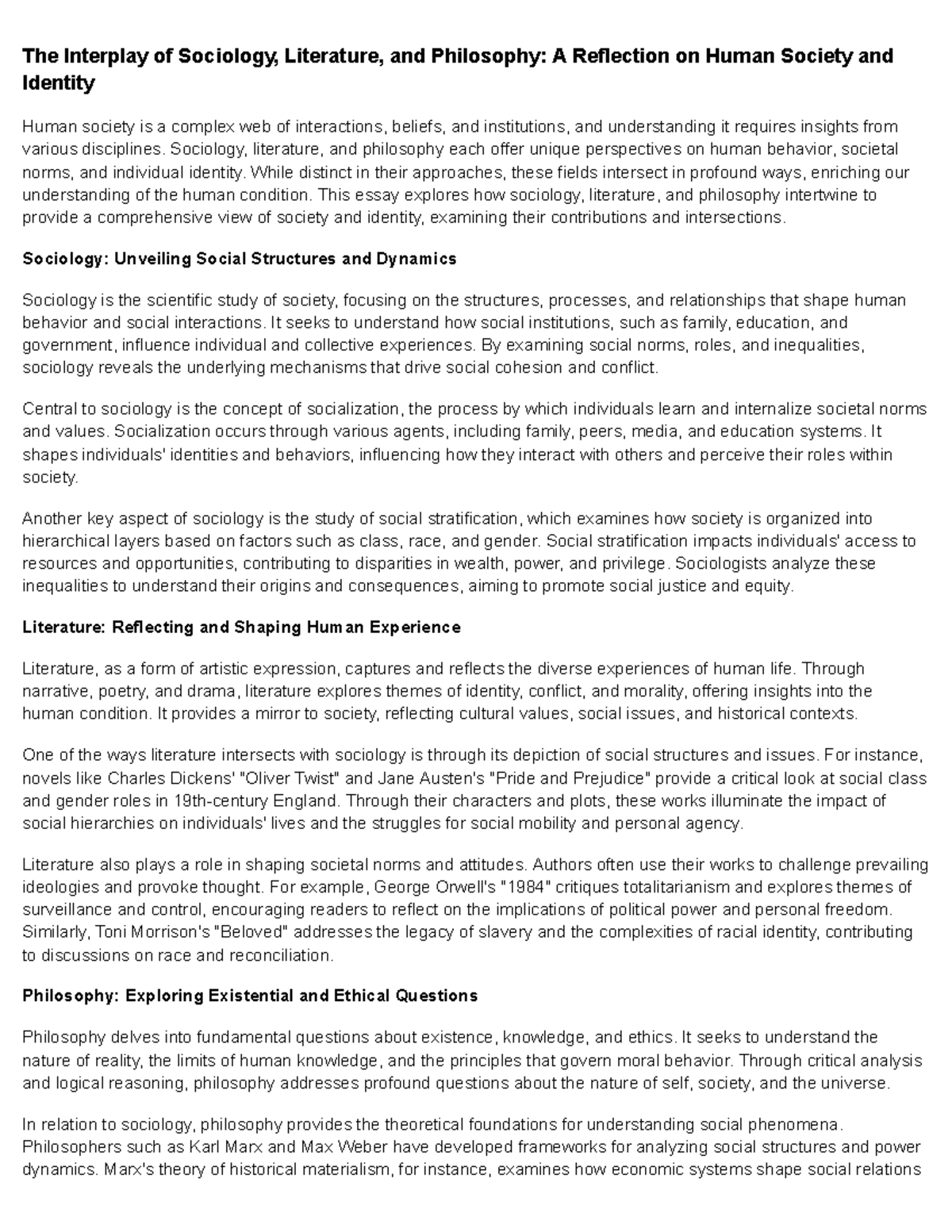 The Interplay of Sociology, Literature, and Philosophy A Reflection on ...