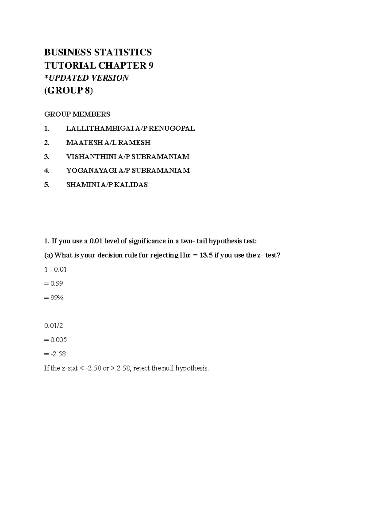 Business Statistics Tutorial Chapter 9 ( Group 8 ) - BUSINESS STATISTICS TUTORIAL CHAPTER 9 ...