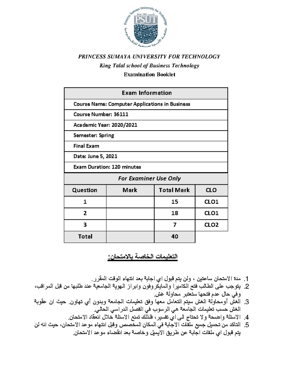 CAS Final Exam-Spring 2021 - PRINCESS SUMAYA UNIVERSITY FOR TECHNOLOGY ...