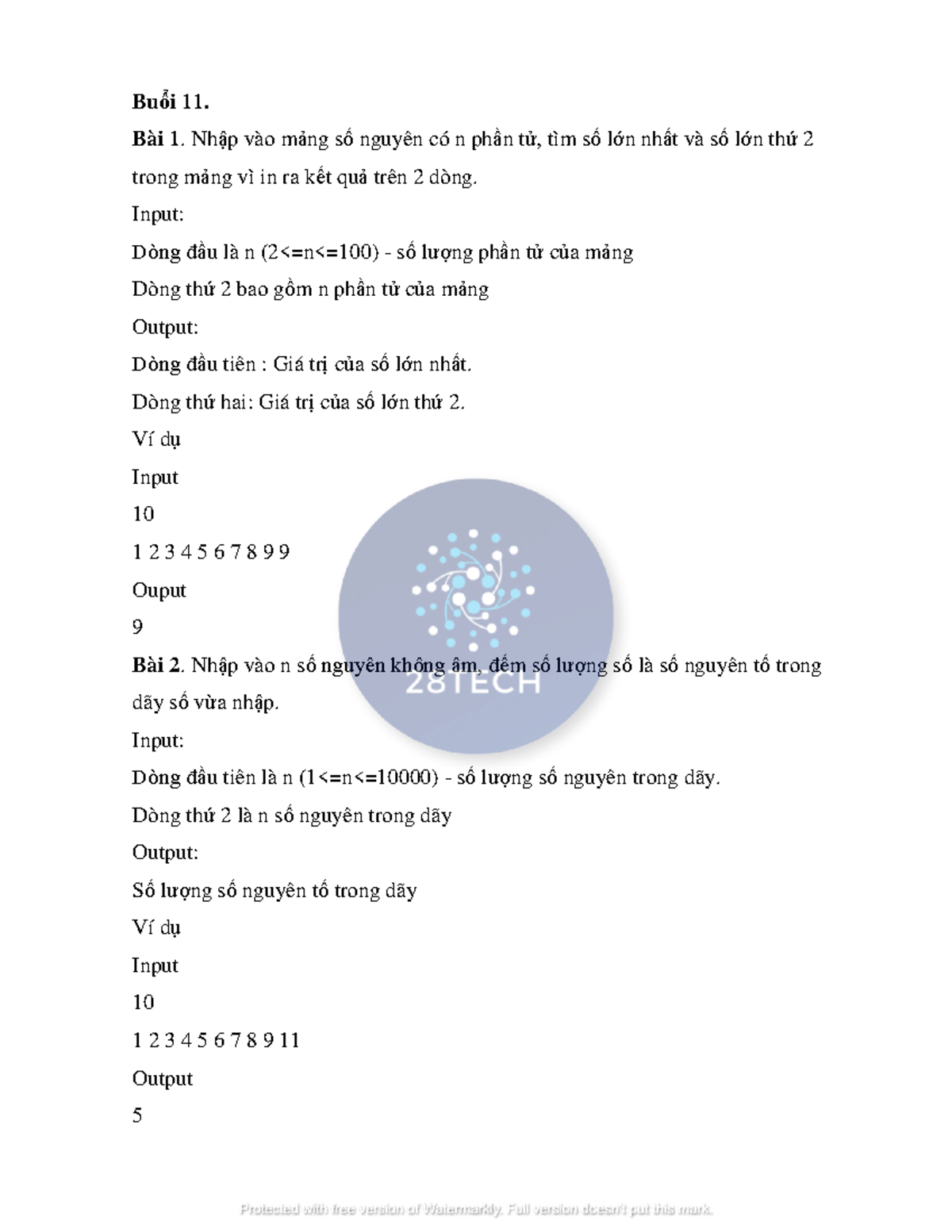 [28Tech]. BUOI 11 - Buổi 11. Bài 1. Nhập vào mảng số nguyên có n phần tử, tìm số lớn nhất và số ...