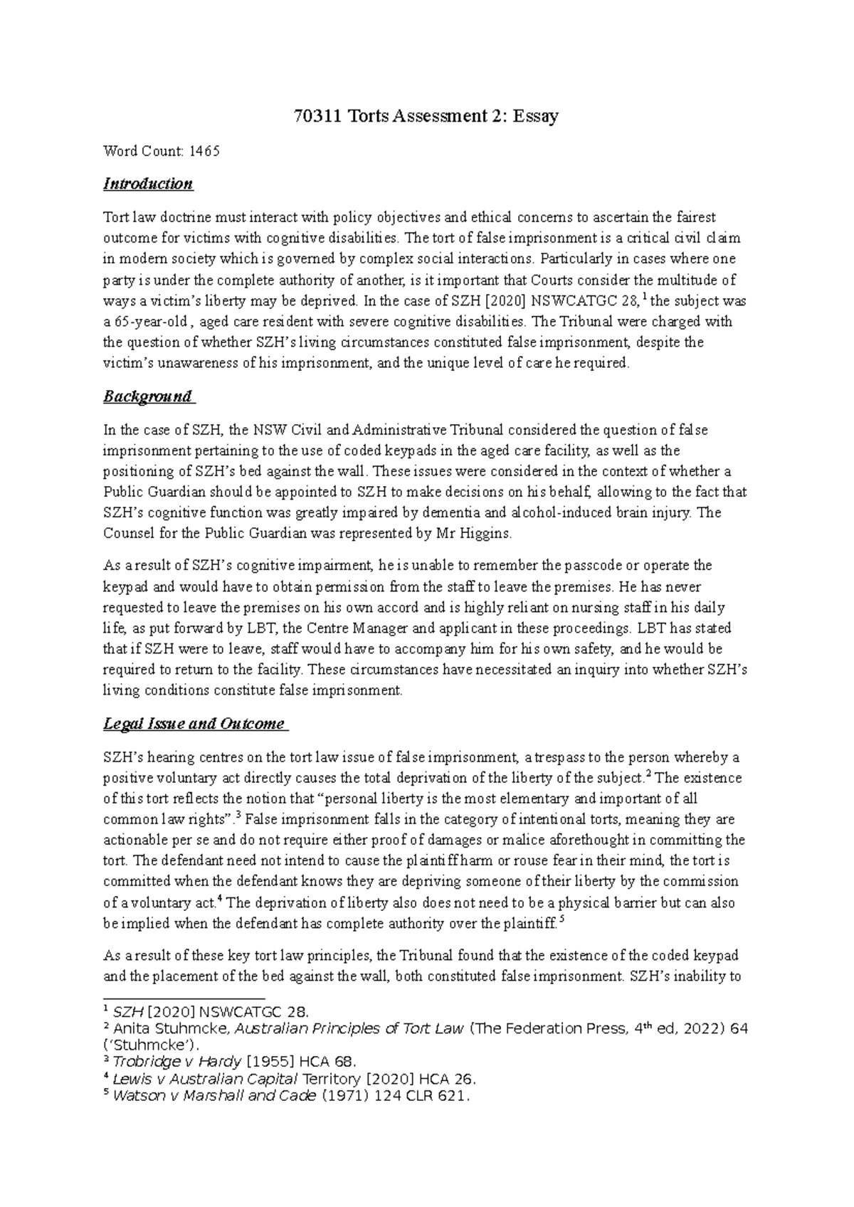 Torts essay on false imprisonment - 70311 Torts Assessment 2: Essay ...