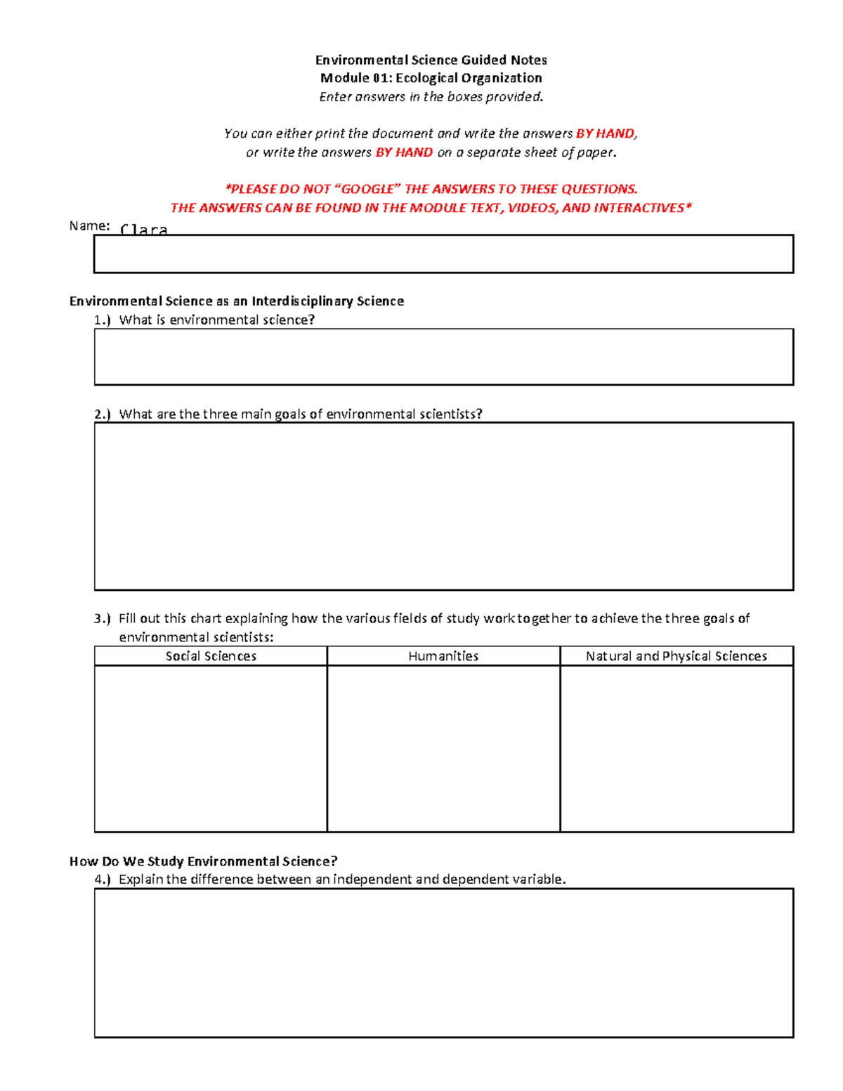 Environmental Science Module 01 Guided Notes - Environmental Science ...