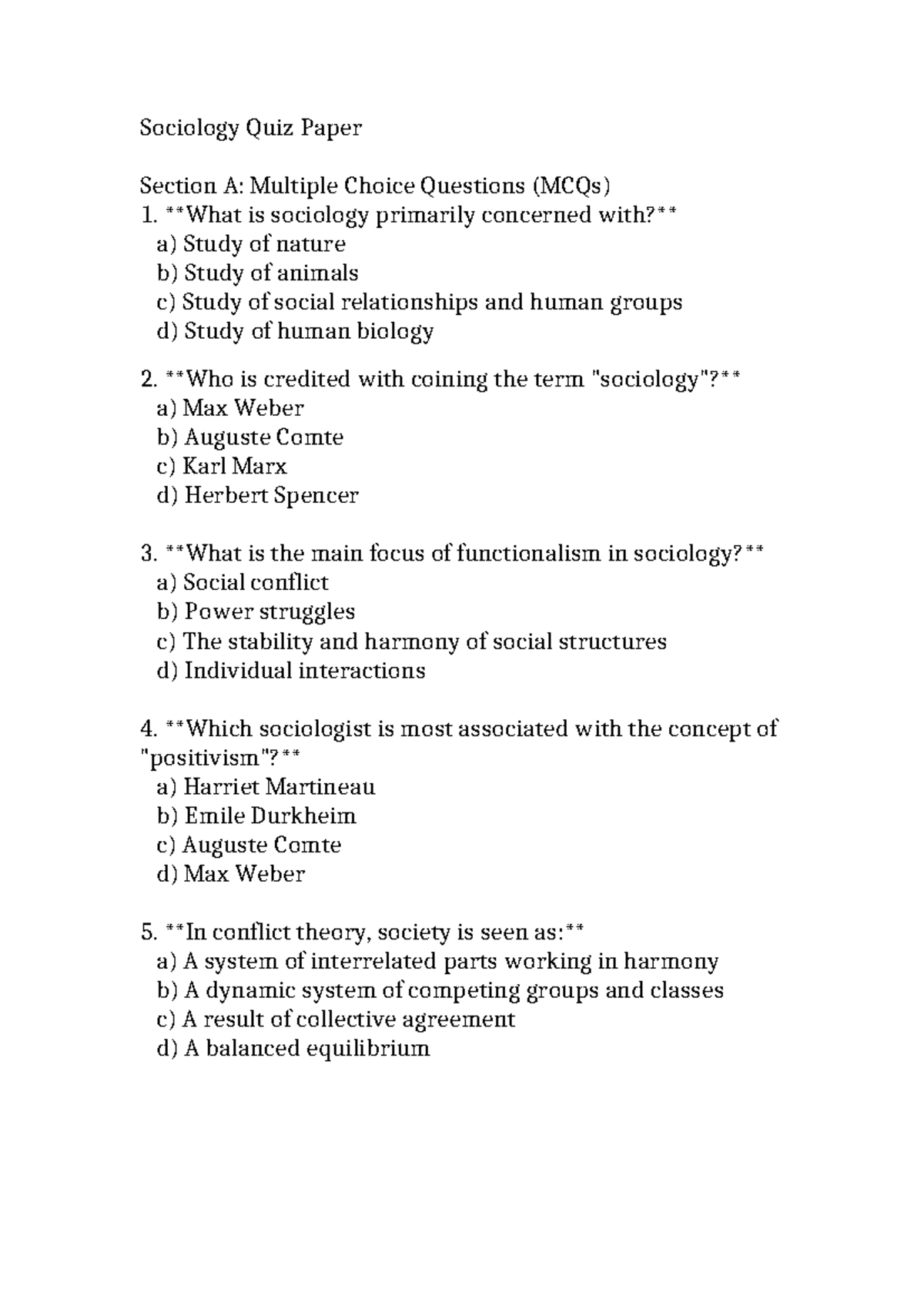 Sociology Quiz Paper 1 - Sociology Quiz Paper Section A: Multiple ...