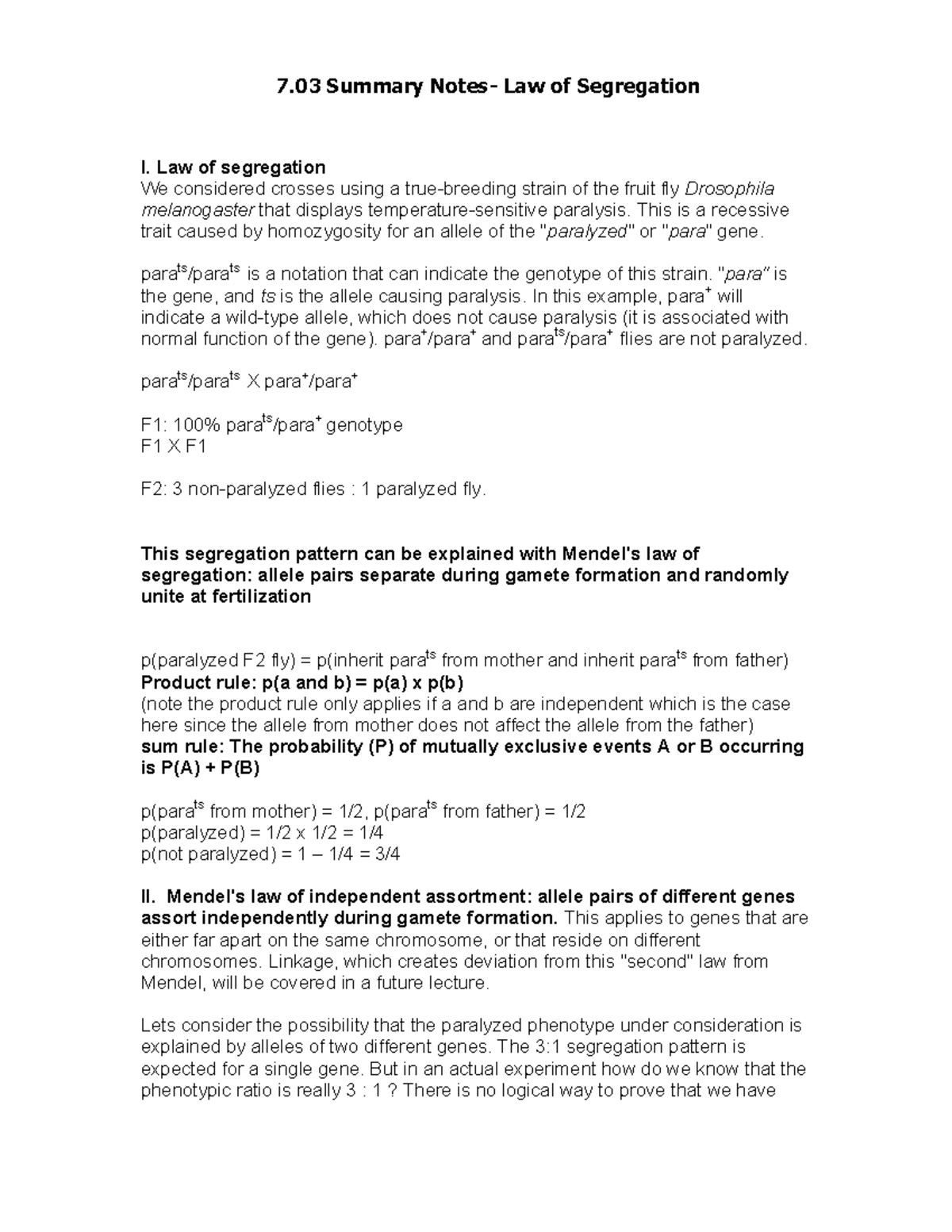 7.03 Summary Notes- Law of Segregation - Lecture 2 I. Law of ...