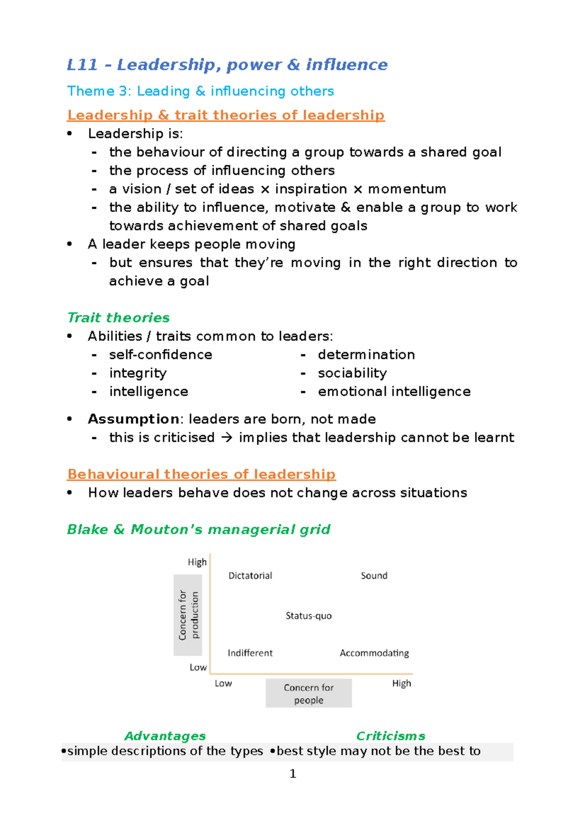 Lecture 11 notes - L11 – Leadership, power & influence Theme 3: Leading ...