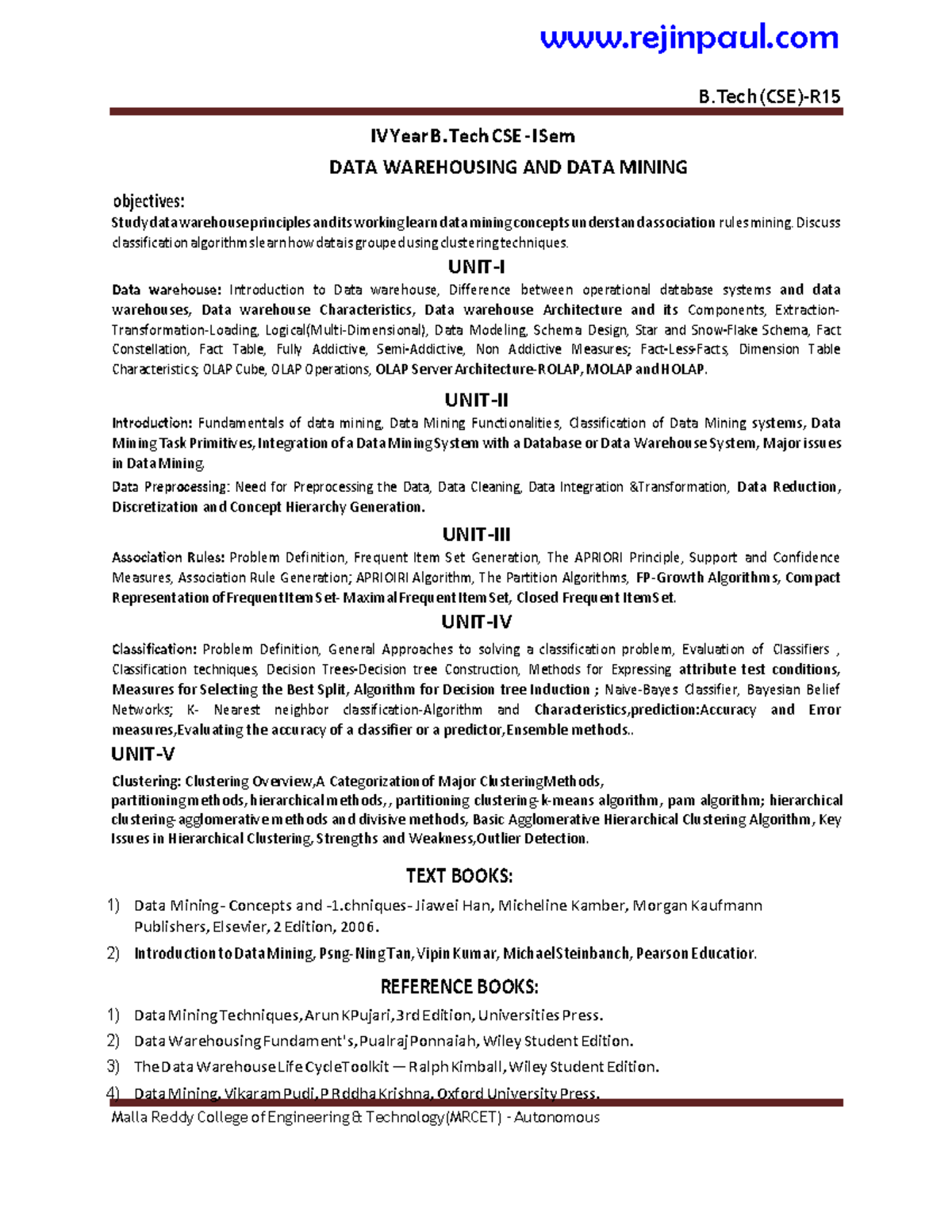 DATA Warehousing&DATA Mining - ####### B (CSE)-R Malla Reddy College of Engineering & - Studocu