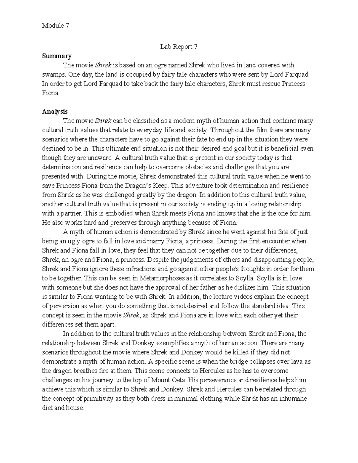 CAMS 1103 Module 7 - Lab Report - Module 7 Lab Report 7 Summary The movie Shrek is based on an ...