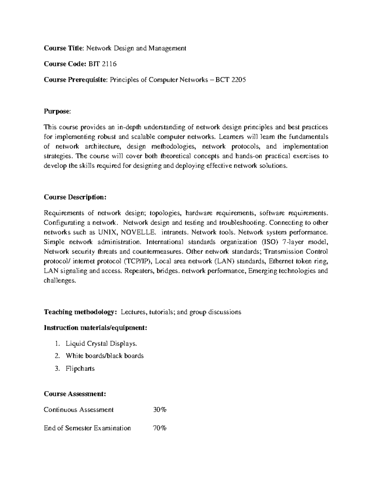 Network Design AND Management Course Outline - Course Title: Network ...