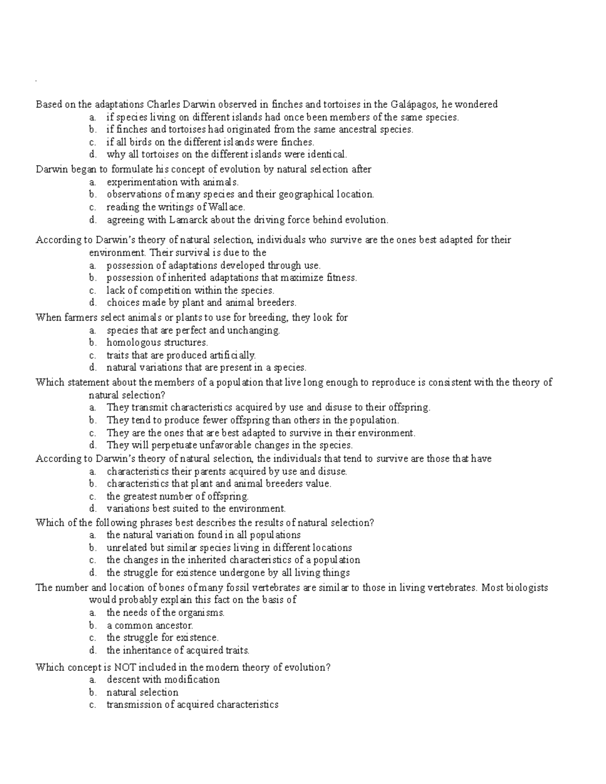 Honors Biology Evolution Review - . Based on the adaptations Charles ...