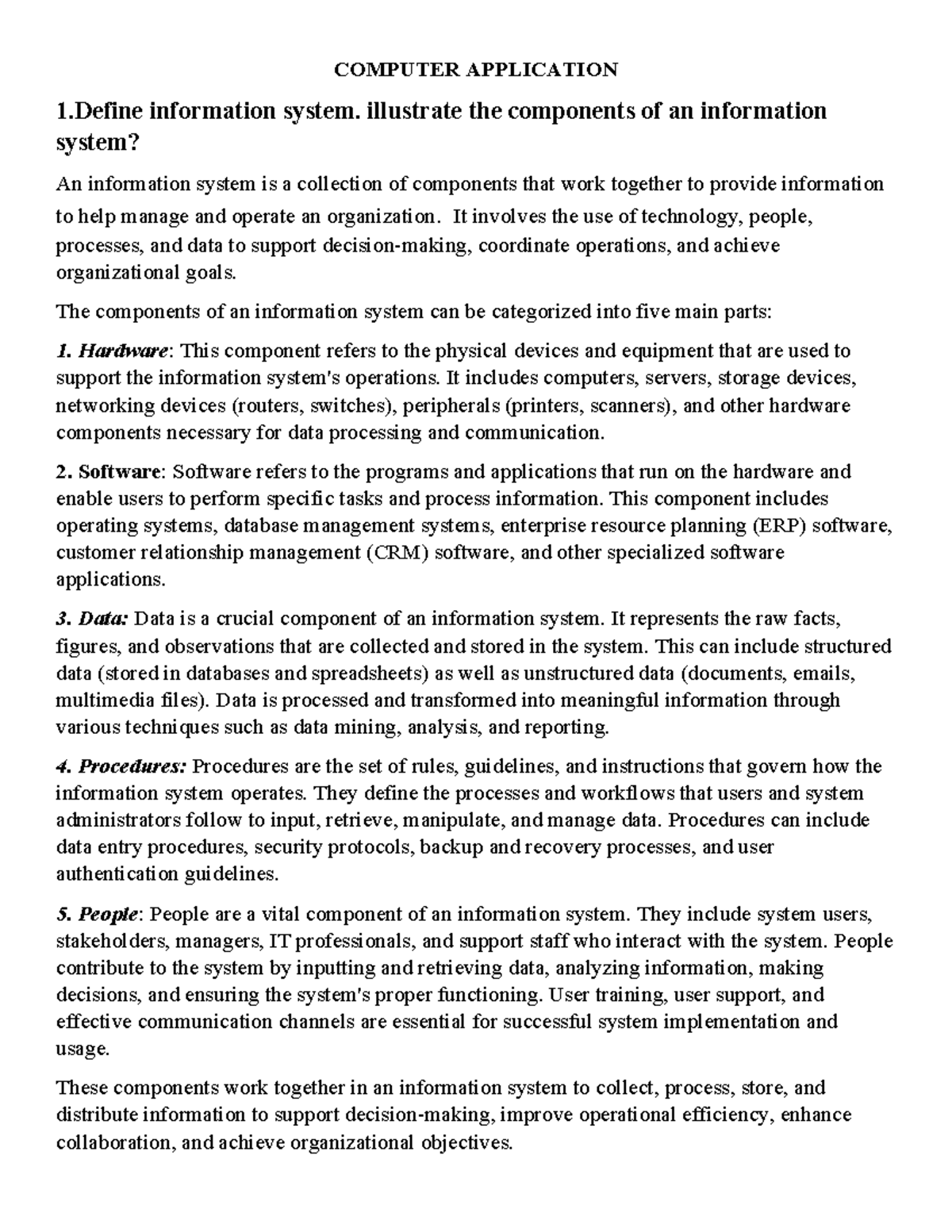 Computer Application - Excel - COMPUTER APPLICATION 1 information system. illustrate the ...
