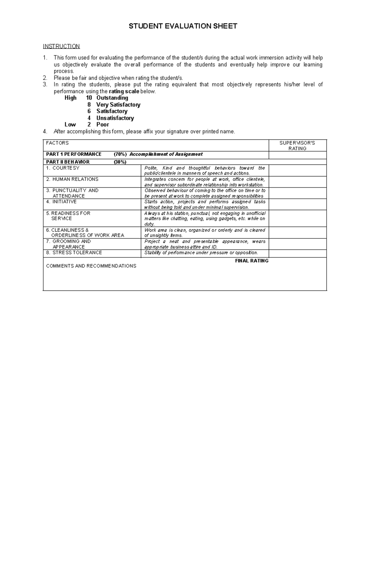 Performance-evaluation-sheet - STUDENT EVALUATION SHEET INSTRUCTION 1 ...