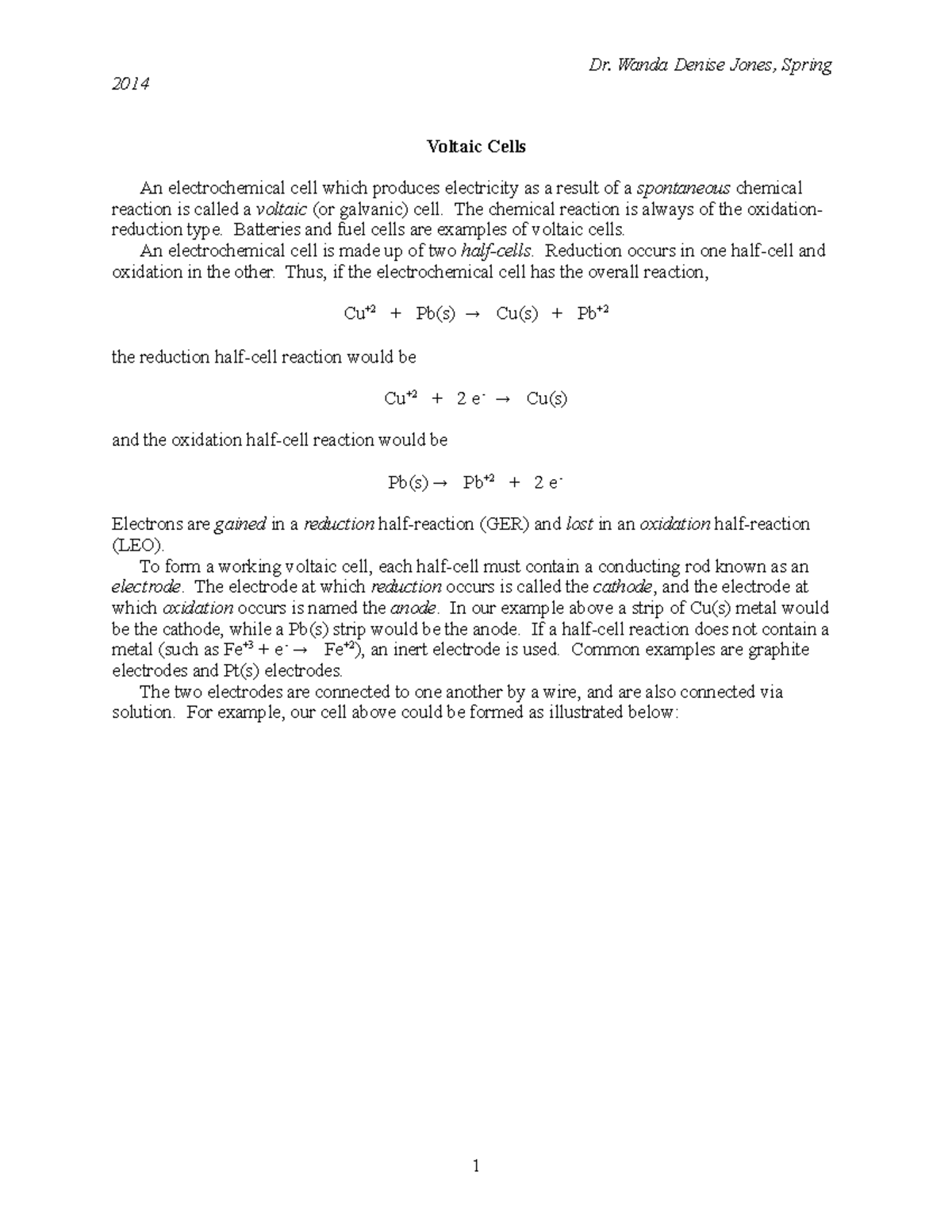 Voltaic cells - worksheets for general chemistry class. - 2014 Voltaic ...