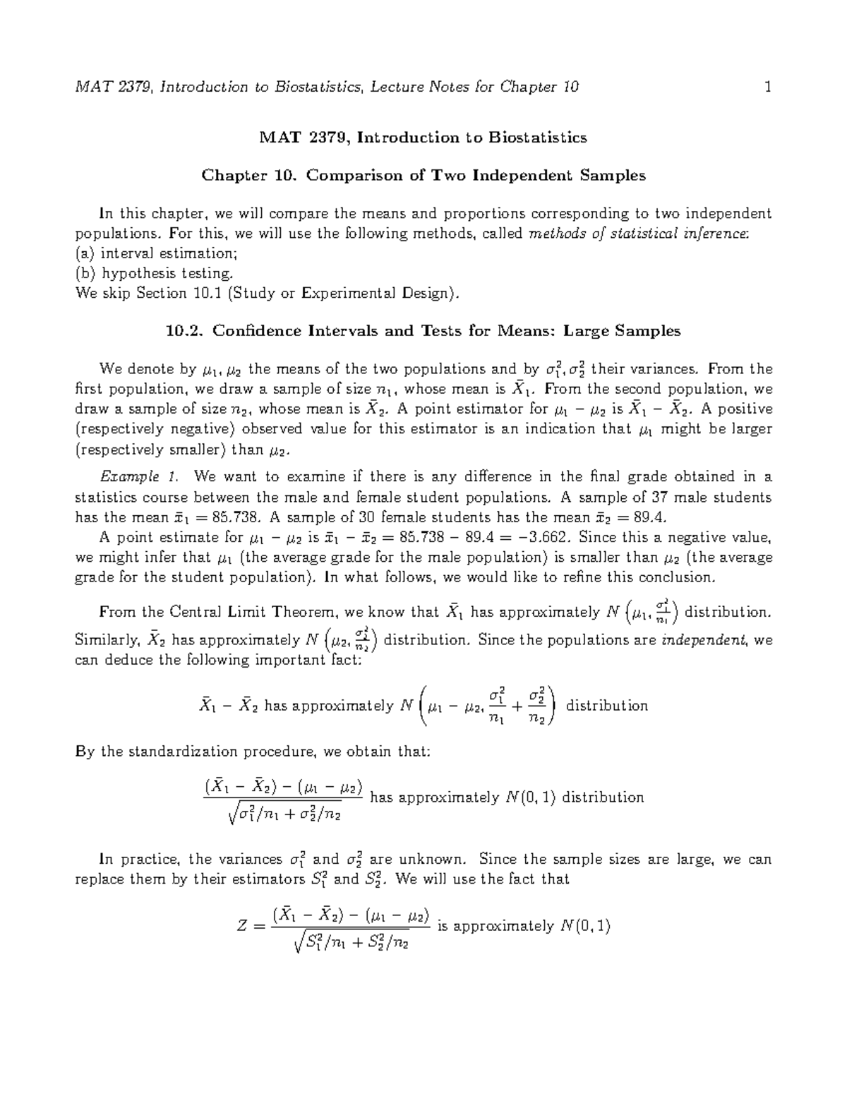 2379 chapter 10 second update - MAT 2379, Introduction to Biostatistics Chapter 10. Comparison ...
