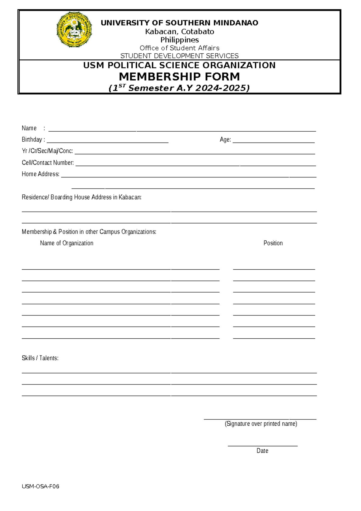 Membership-Form - This is a membership form - UNIVERSITY OF SOUTHERN ...