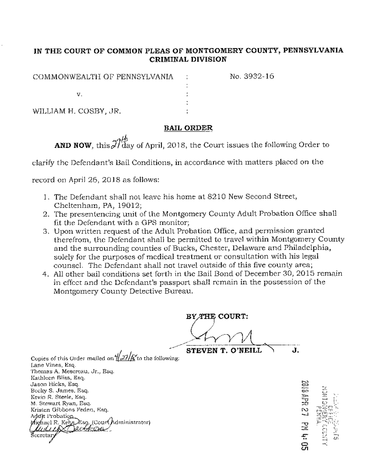 Bail Order- Bill Cosby - Bail - IN THE COURT OF COMMON PLEAS OF ...