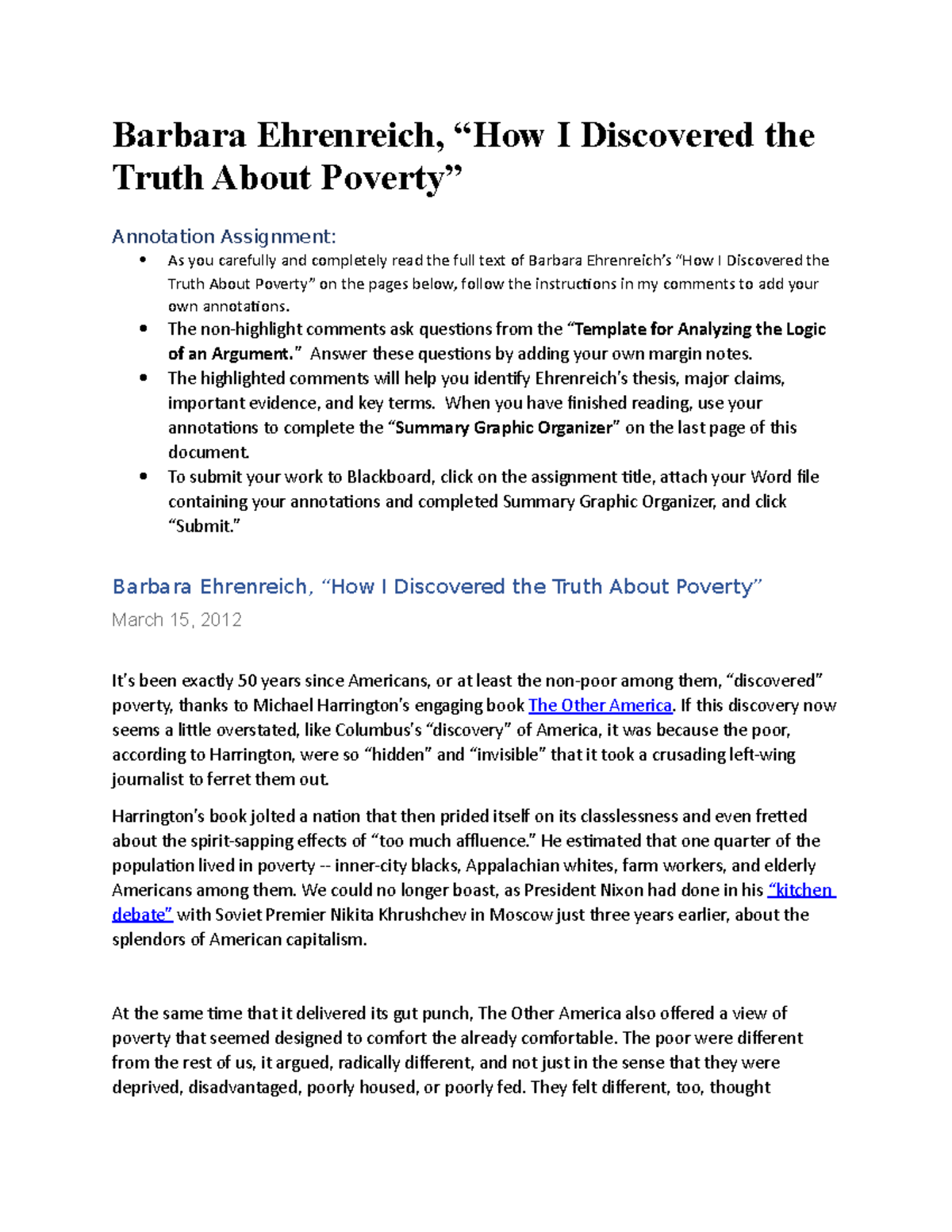 Ehrenreich How I Discovered the Truth about Poverty Annotation and Summary Graphic Organizer(1 ...