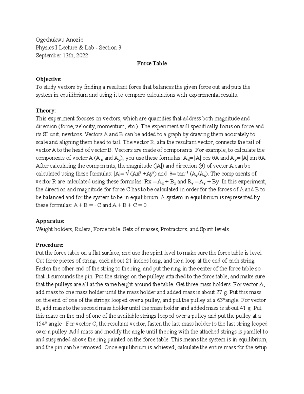 Physics I Lab Experiment 2 Force Table - Ogechukwu Anozie Physics I ...