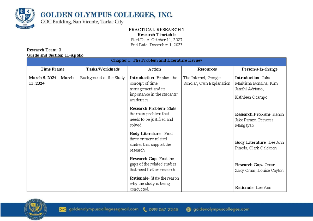 Timetable - PRACTICAL RESEARCH 1 Research Timetable Start Date: October ...