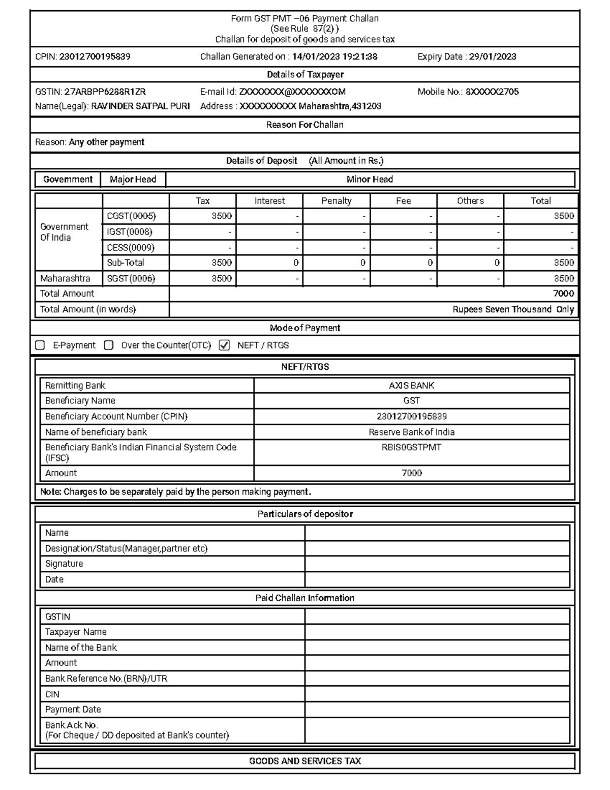 GST- Challan - Form GST PMT –06 Payment Challan (See Rule 87(2 ...