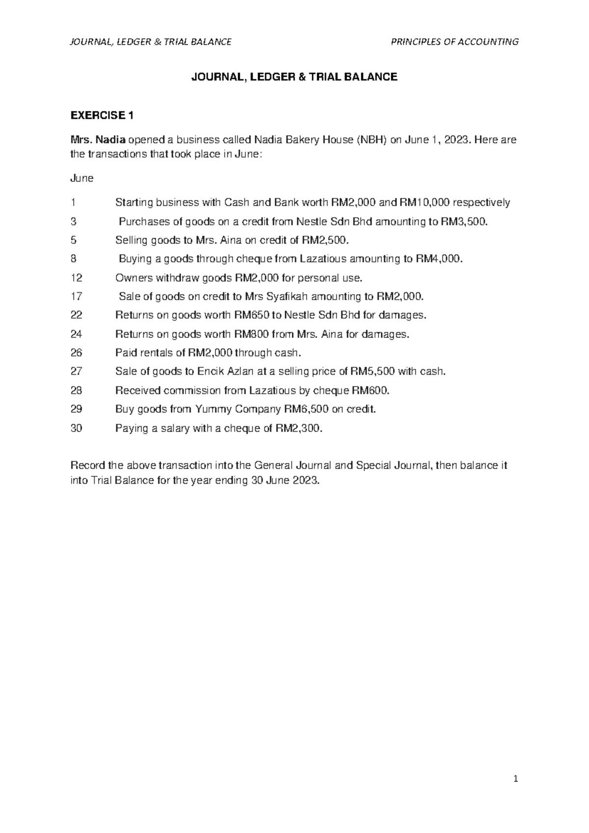 Exercises Journal, Ledger Trial Balance - JOURNAL, LEDGER & TRIAL BALANCE EXERCISE 1 Mrs. Nadia ...
