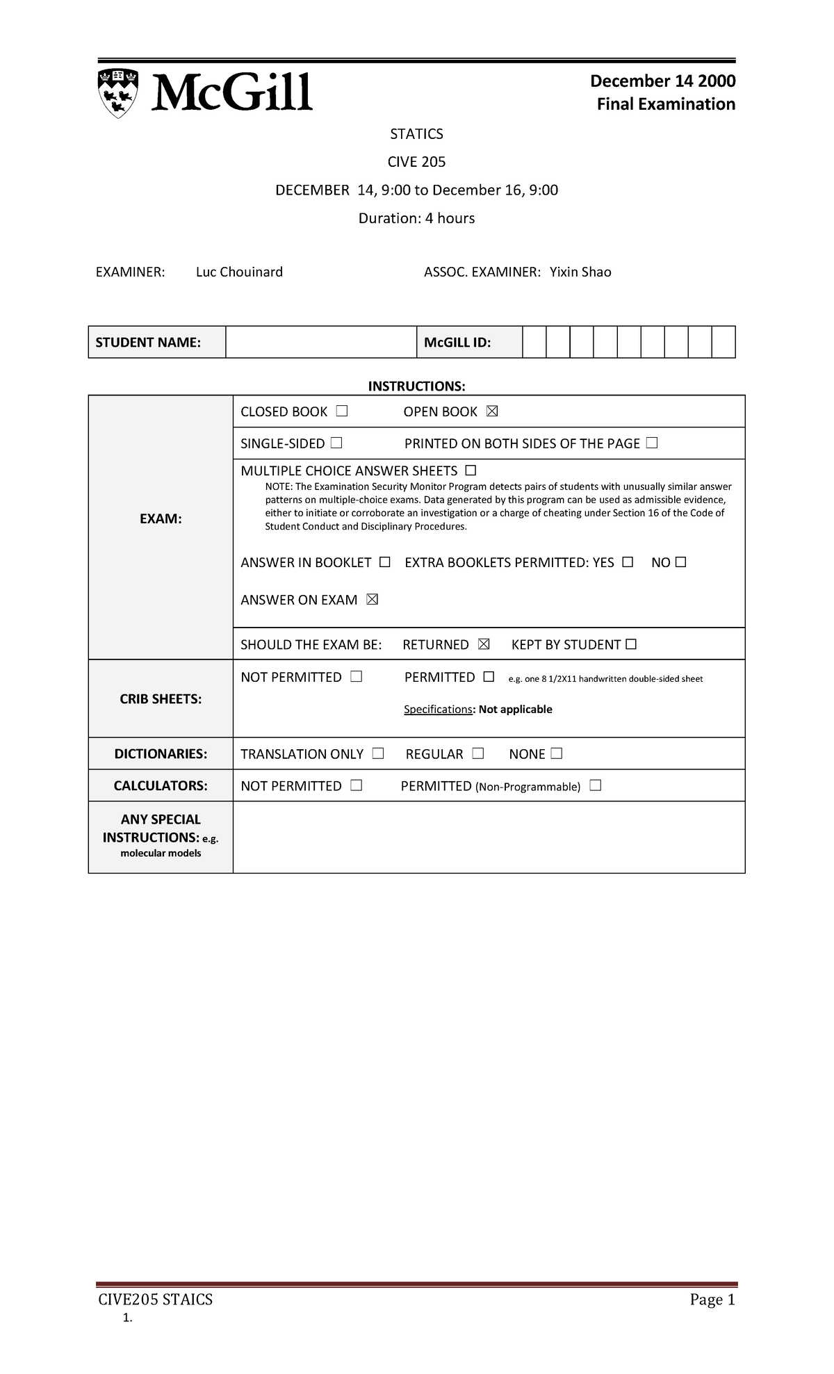 Final-Examination-2020 solution-002 - CIVE205 STAICS Page 1 December 14 ...