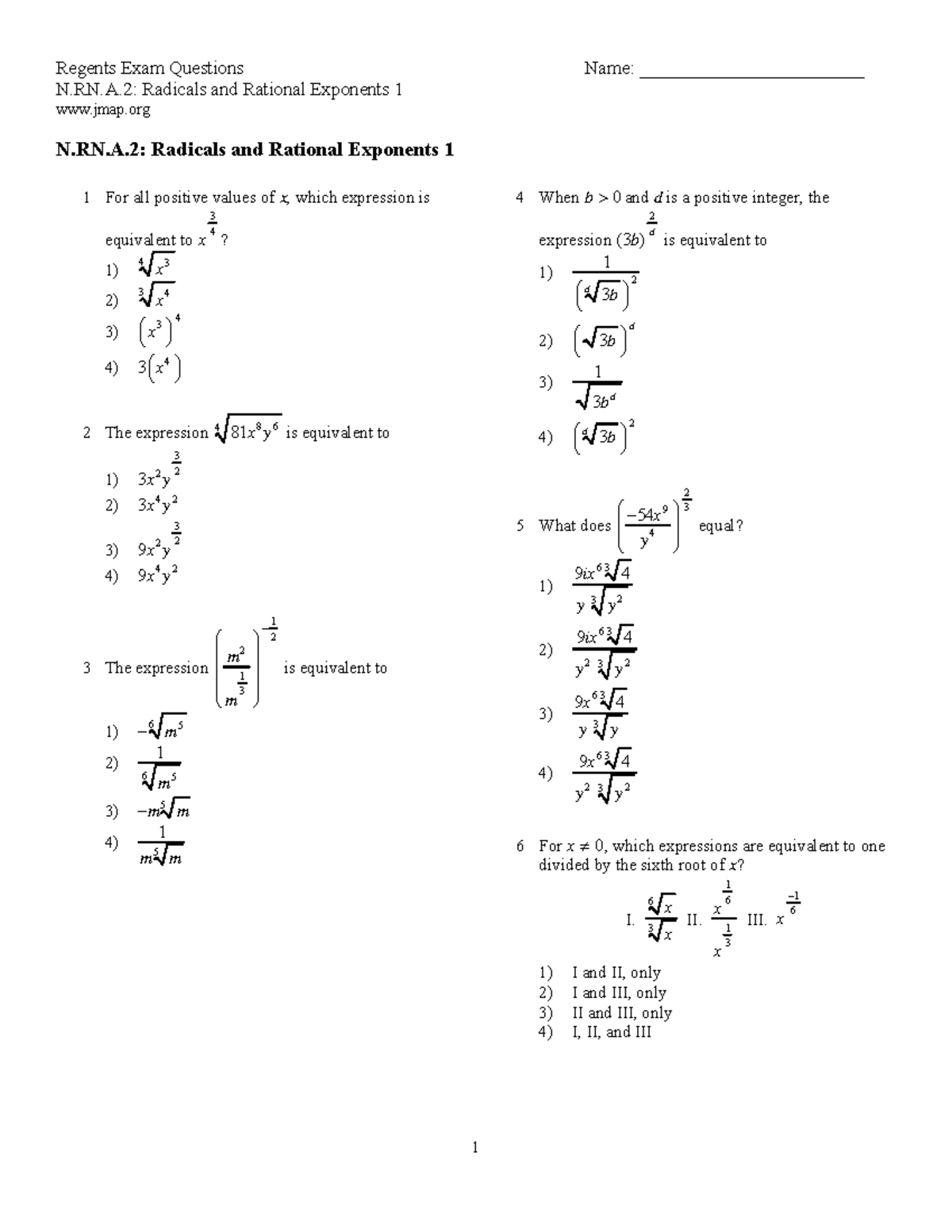 N.RN.A - wwd ww e e - Regents Exam Questions Name ...