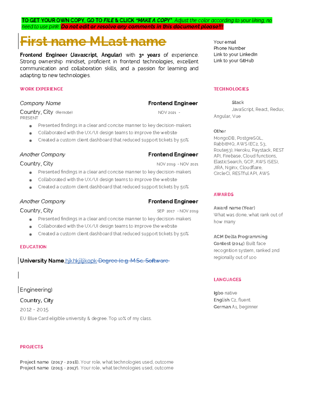 Frontend - Master CV template - TO GET YOUR OWN COPY, GO TO FILE & CLICK “MAKE A COPY”. Adjust ...