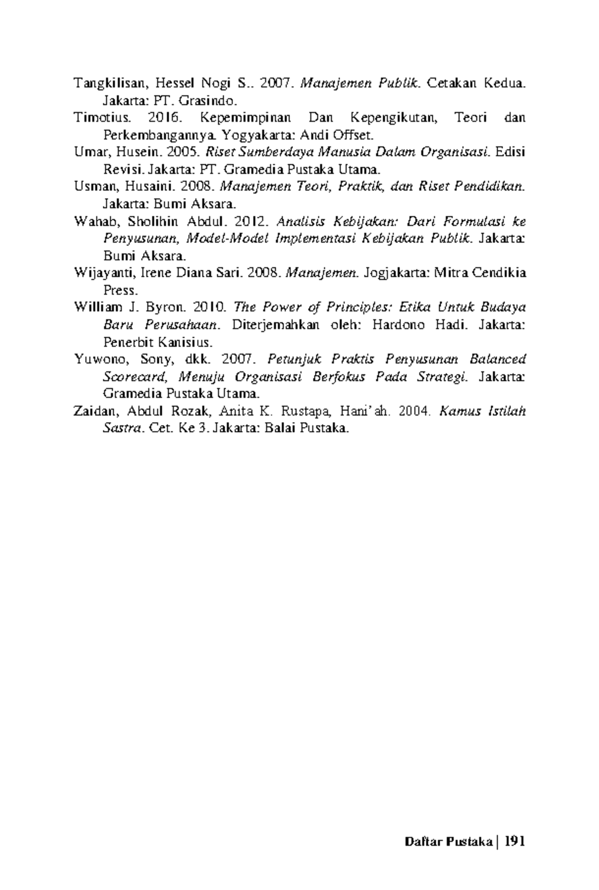 Dasar-Dasar Manajemen - Abd Rohman 2017-34 - Daftar Pustaka | 191 Tangkilisan, Hessel Nogi S ...