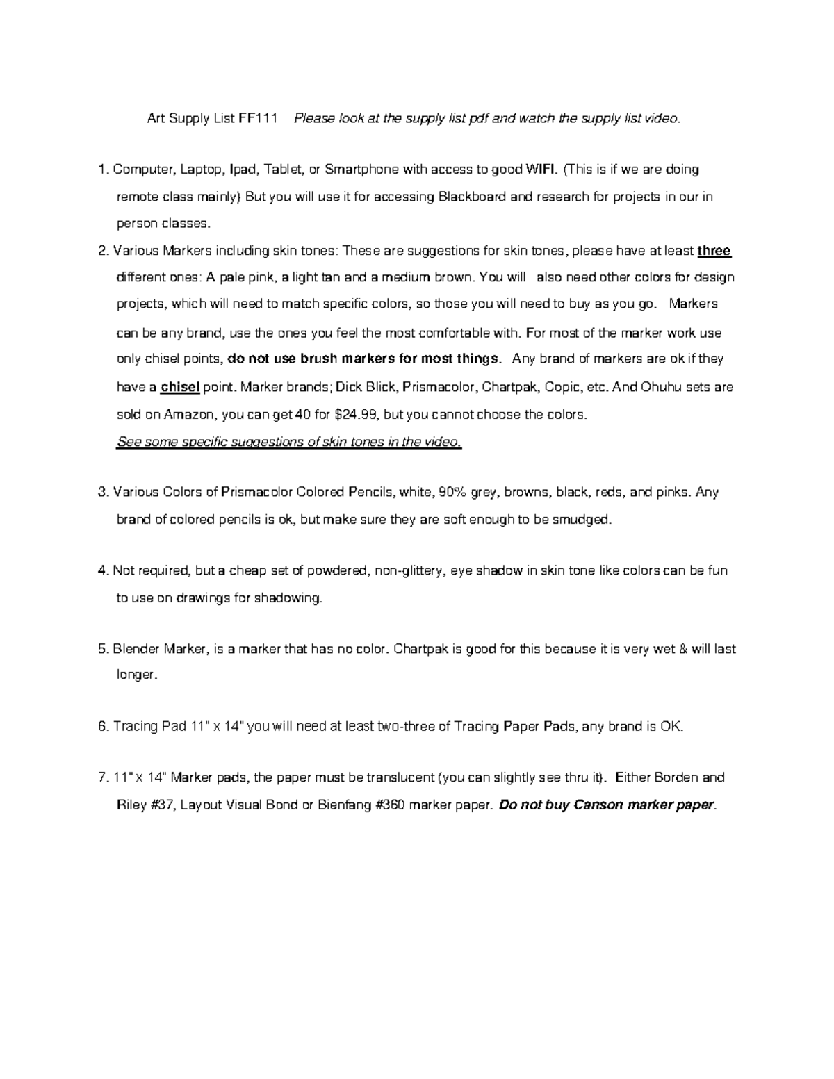 FF111 F23 Art Supply List - Art Supply List FF111 Please look at the ...