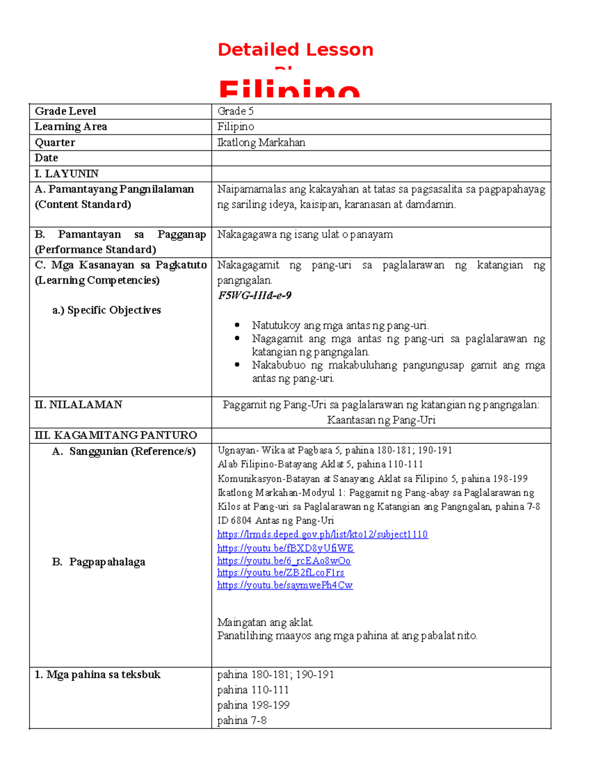 DLL for Demo Teaching Grade 5 Filipino - Grade Level Grade 5 Learning ...