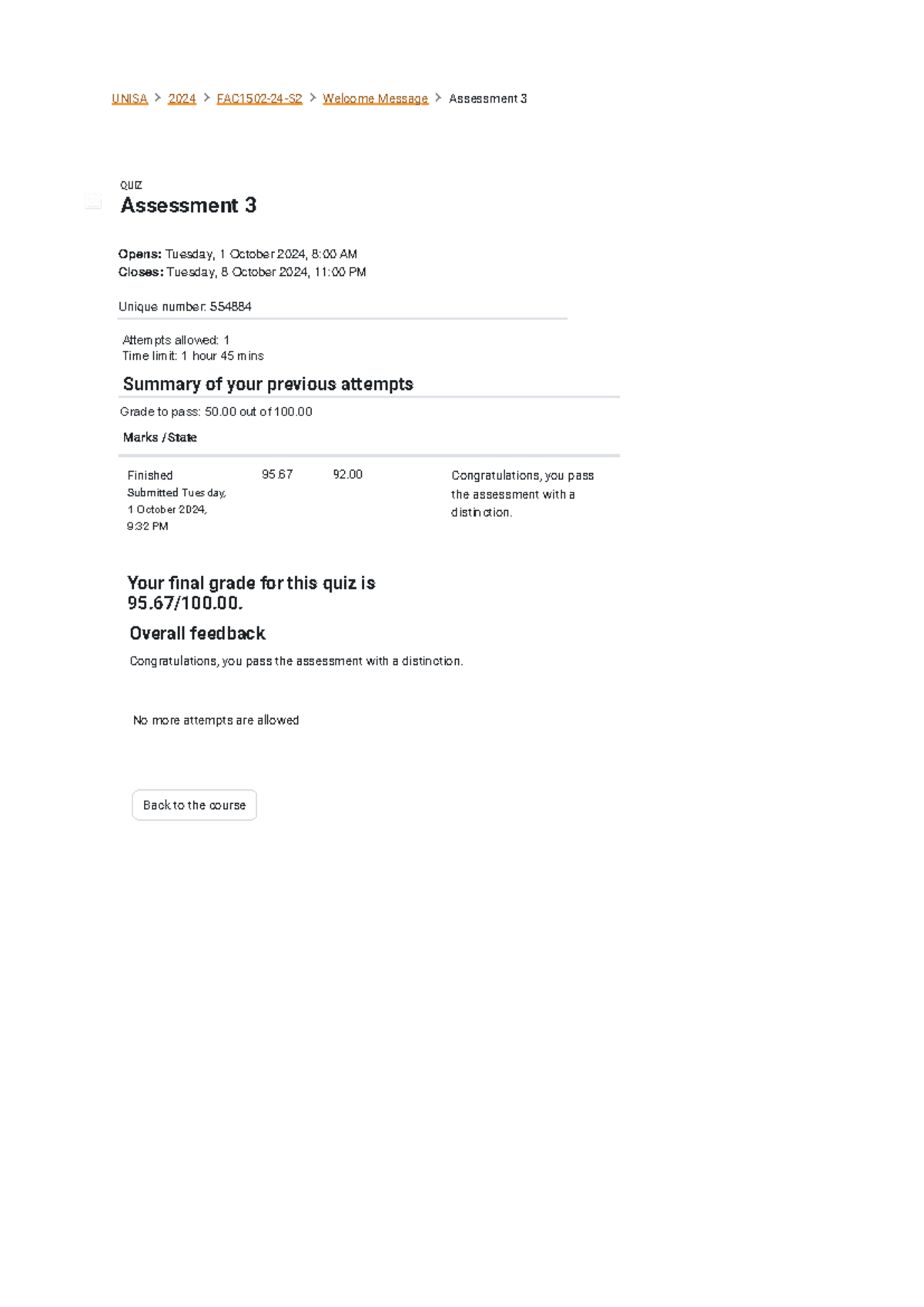 FAC1502 Assignment 3 Memo Due 9 Oct 2024 - Summary of your previous attempts Your nal grade for ...