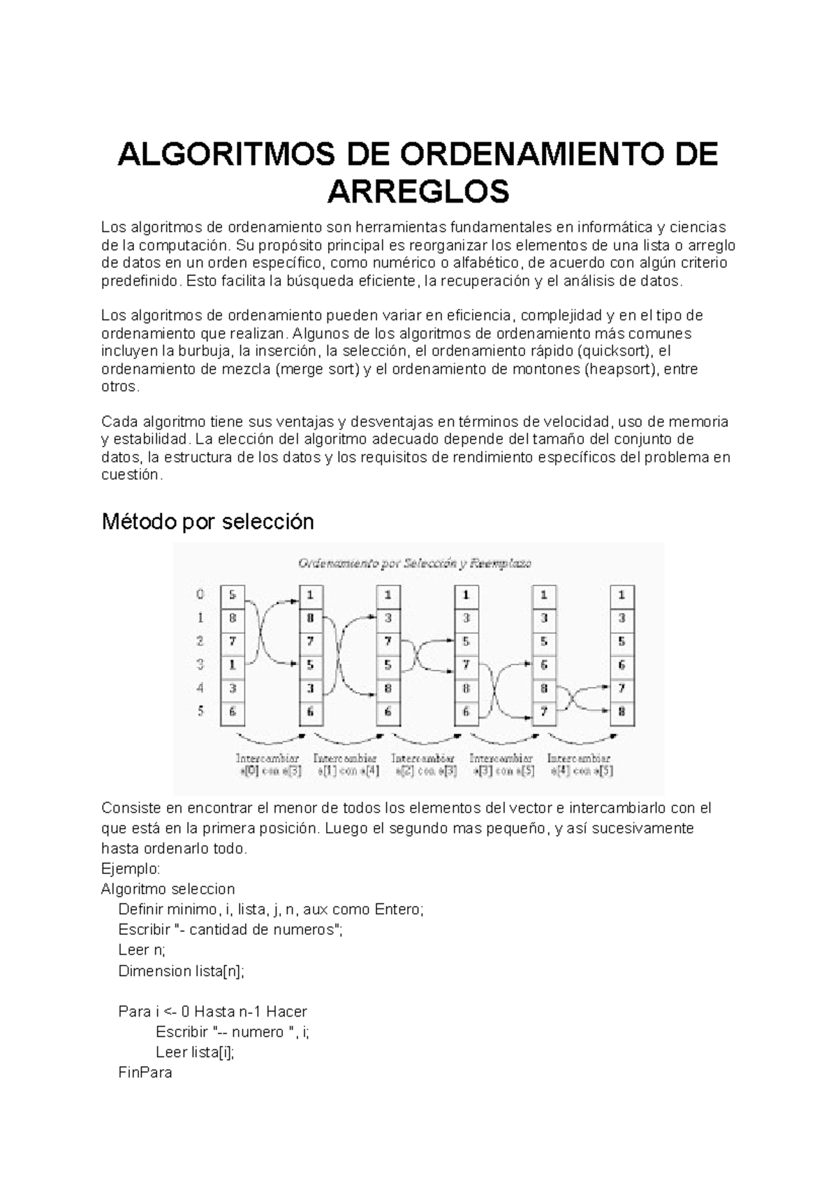 Algoritmos De Ordenamiento Y Busqueda En Array Unidimensionales Algoritmos De Ordenamiento De