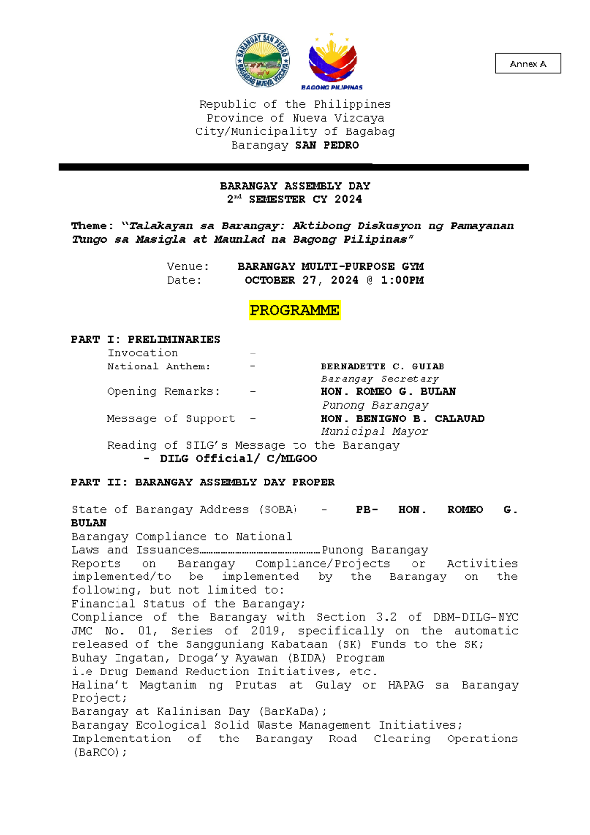 Annex A - Programme Template - Republic of the Philippines Province of ...