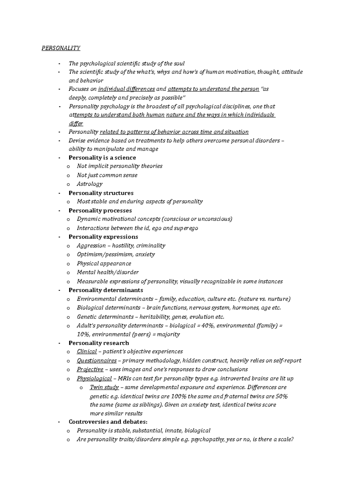 Personality - summary of that lesson - PERSONALITY - The psychological ...