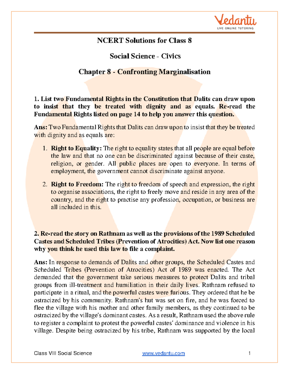 Confronting Marginalisation - Class VIII Social Science vedantu 1 NCERT ...