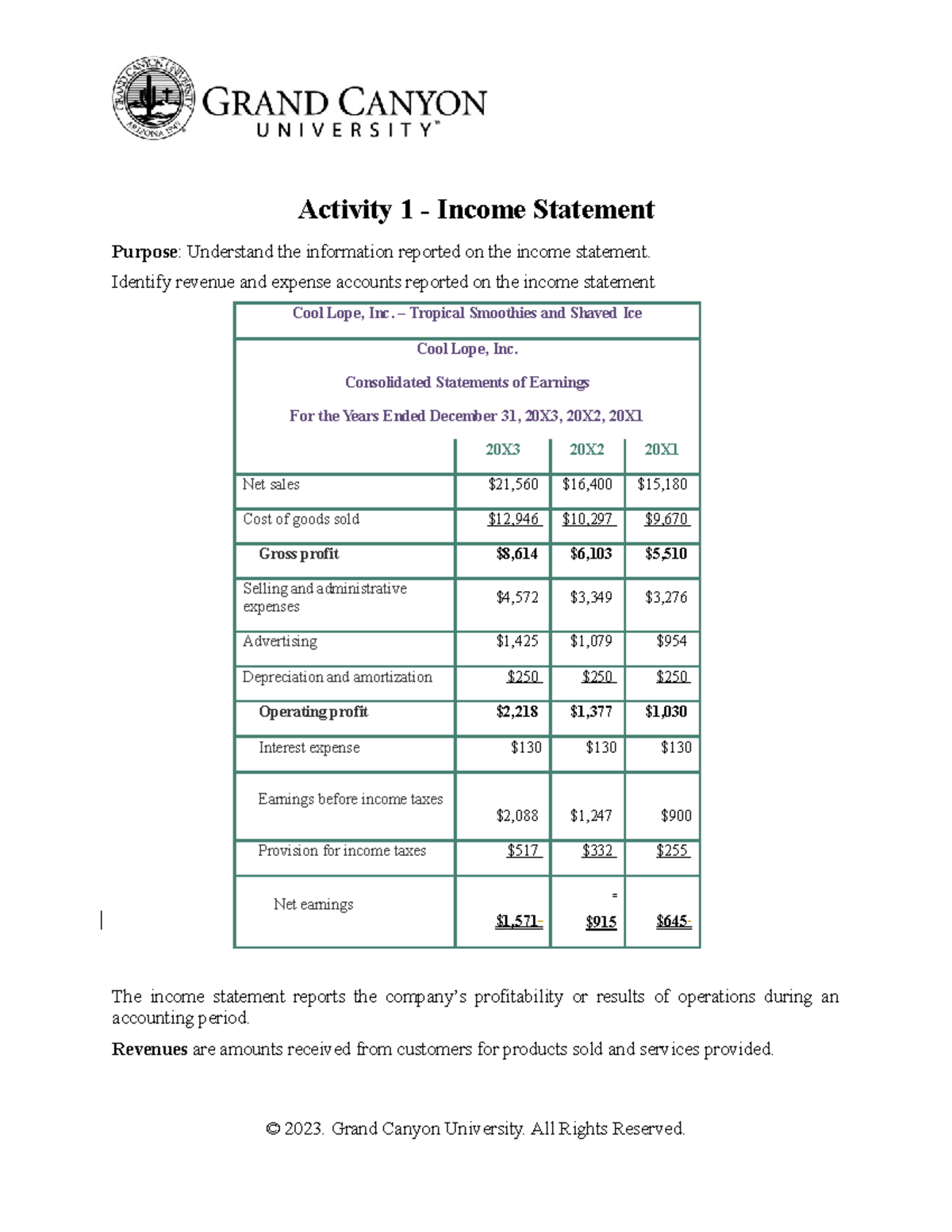 Sheet 1 - notes - Activity 1 - Income Statement Purpose: Understand the ...