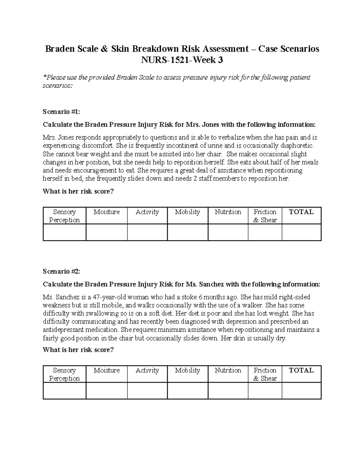 Braden Scale Scenarios - Braden Scale & Skin Breakdown Risk Assessment ...