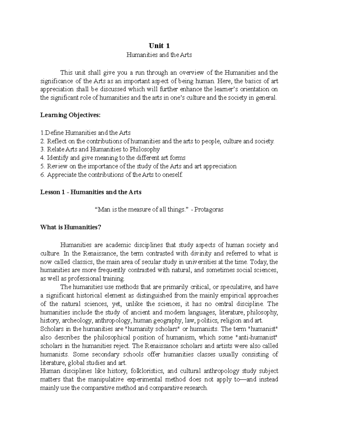 Art Appreciation Unit 1 - Unit 1 Humanities and the Arts This unit ...