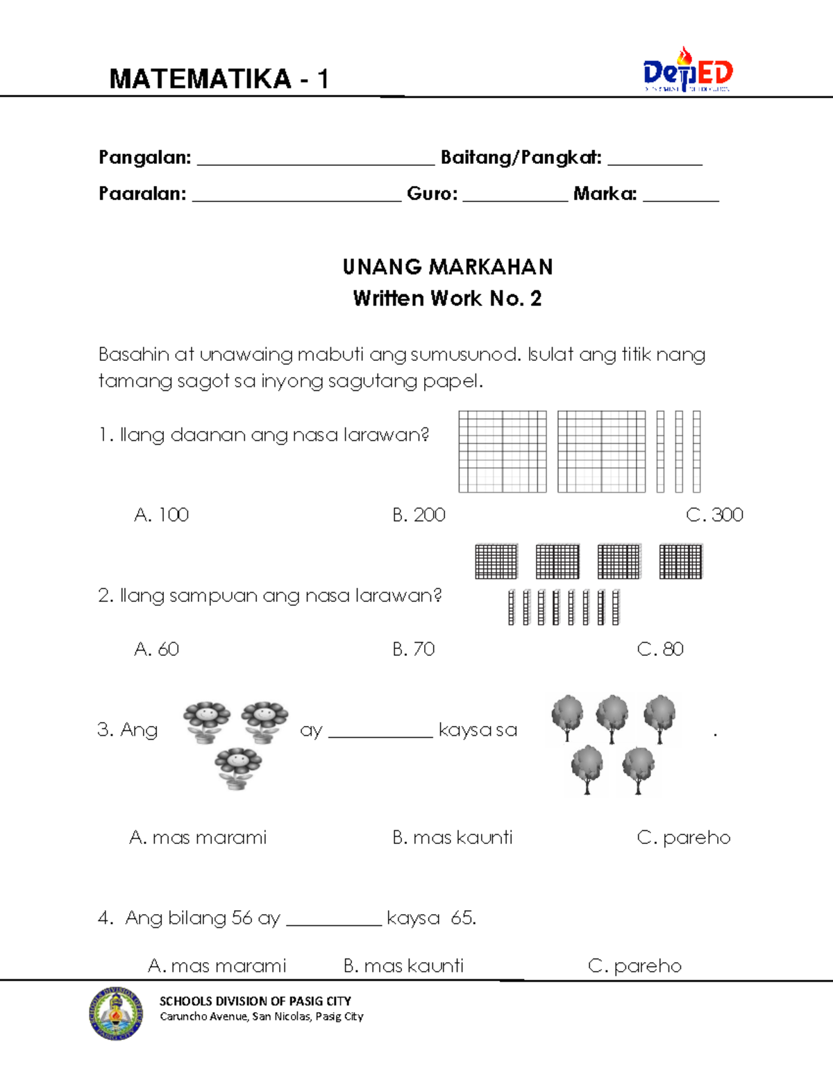 Ww2-math - wwritten works - SCHOOLS DIVISION OF PASIG CITY Pangalan