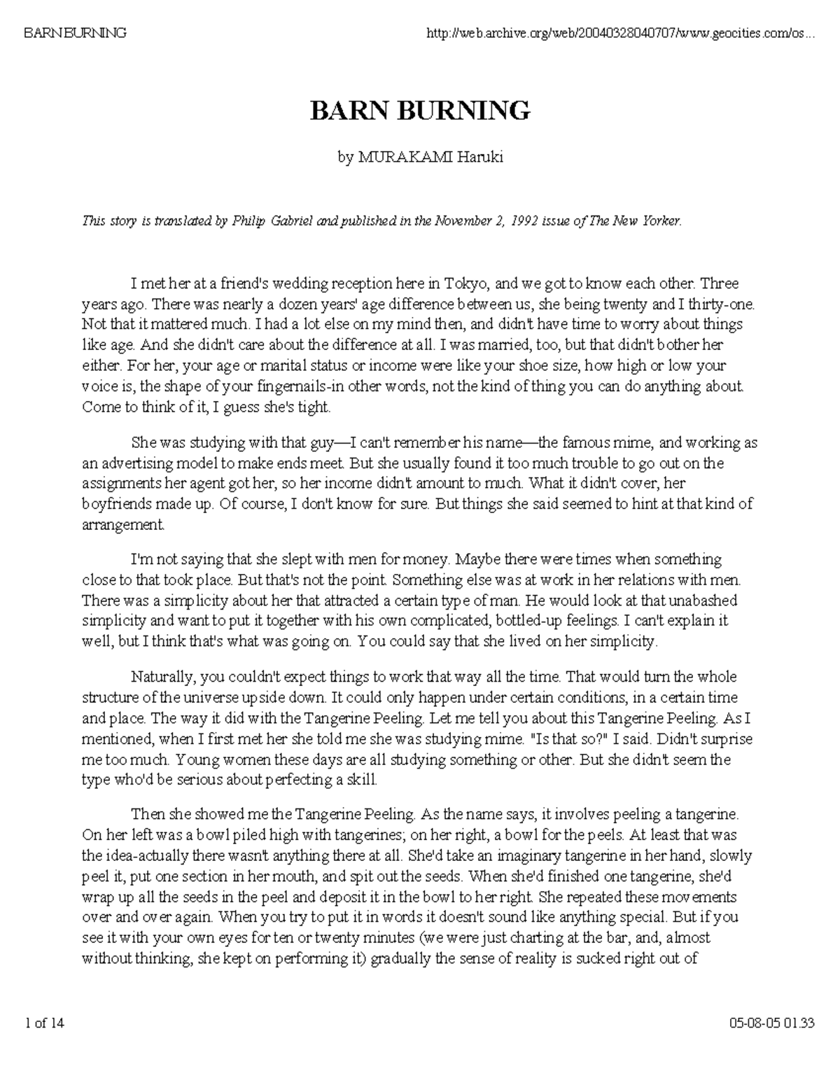 Barn Burning - Haruki Murakami - BARN BURNING by MURAKAMI Haruki This ...